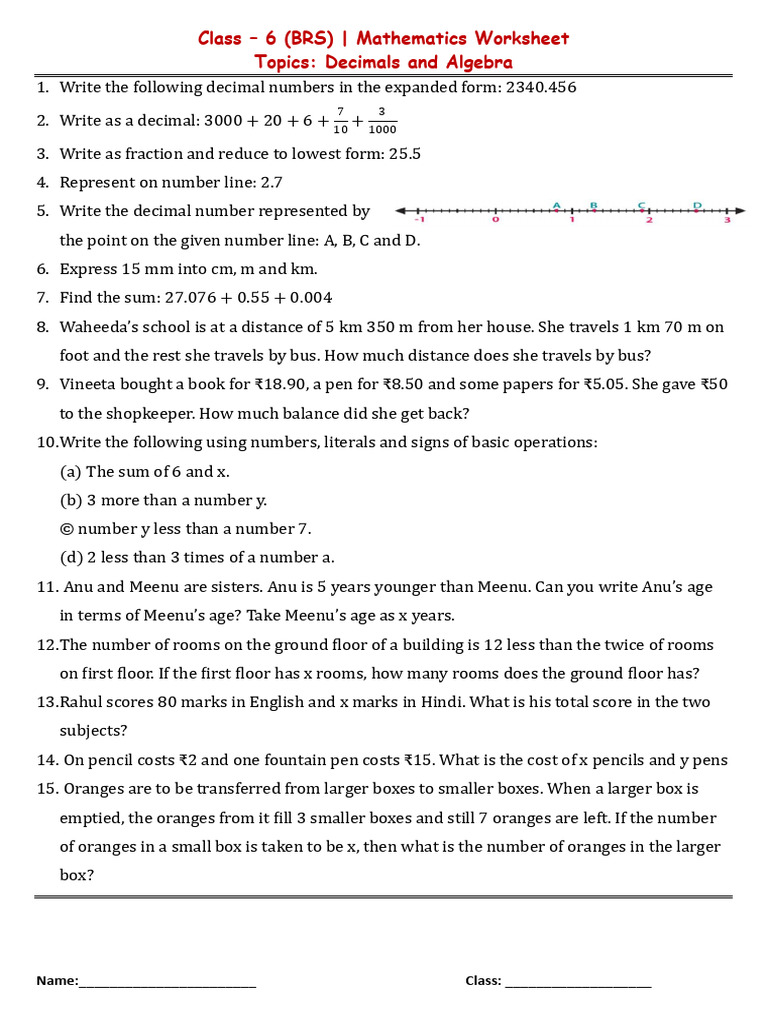 6 BRS Maths Ws Decimal Algebra | PDF