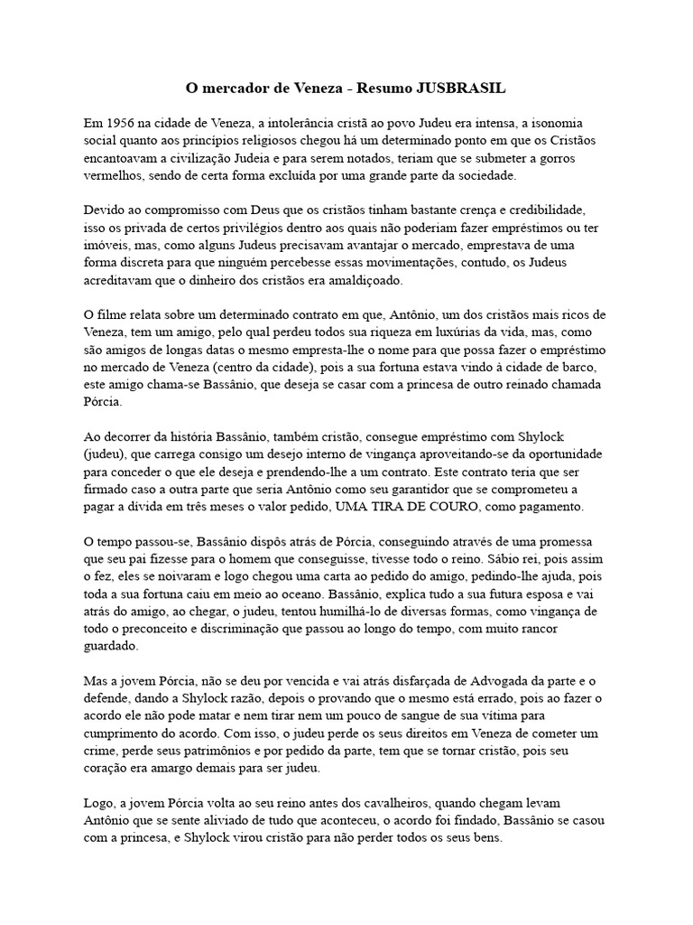 Resumo Mercador de Veneza | PDF | Empréstimos | O Mercador de Veneza