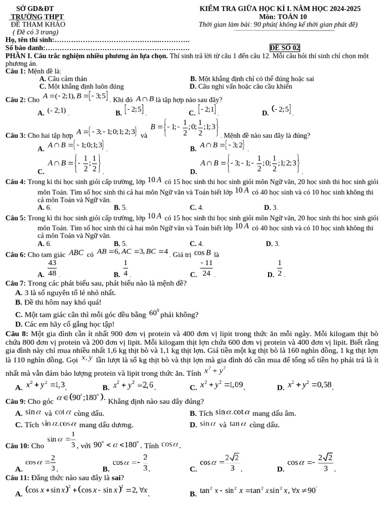 TOÁN ĐỀ 2 GK1 | PDF