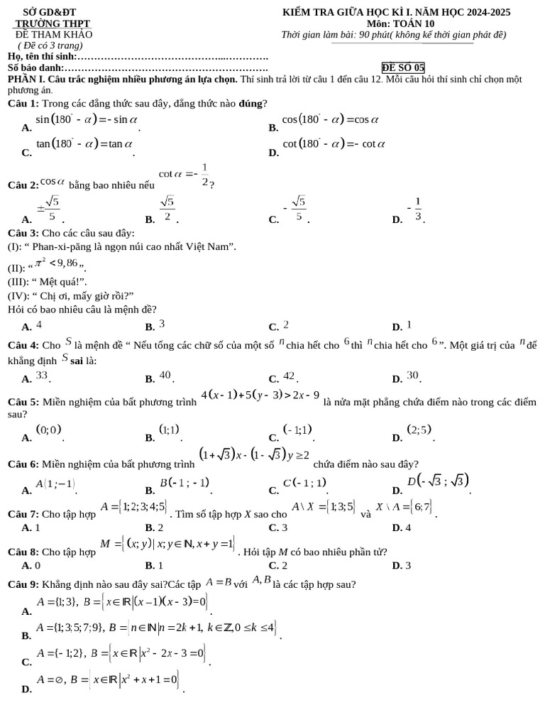 TOÁN ĐỀ 5 GK1 | PDF