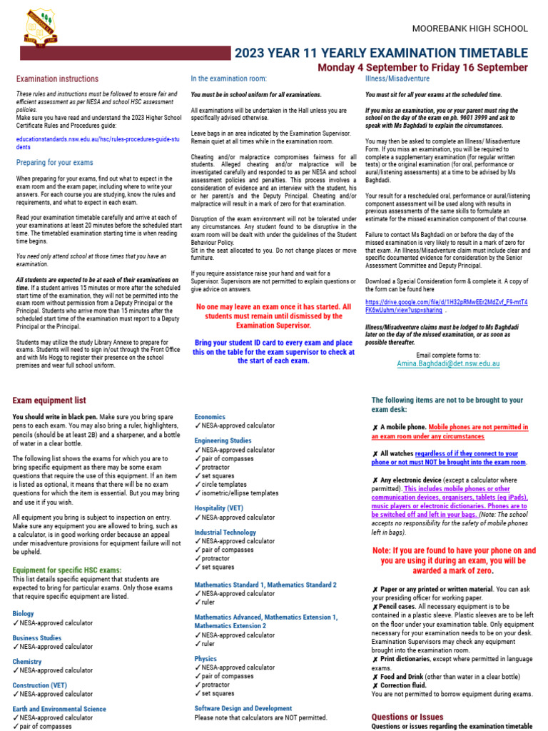 2023 Year 11 Yearly Exam Timetable | PDF