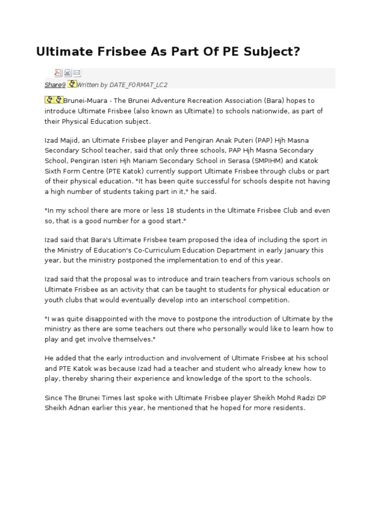 Ultimate Frisbee As Part of PE Subject | PDF | Brunei | Physical Education