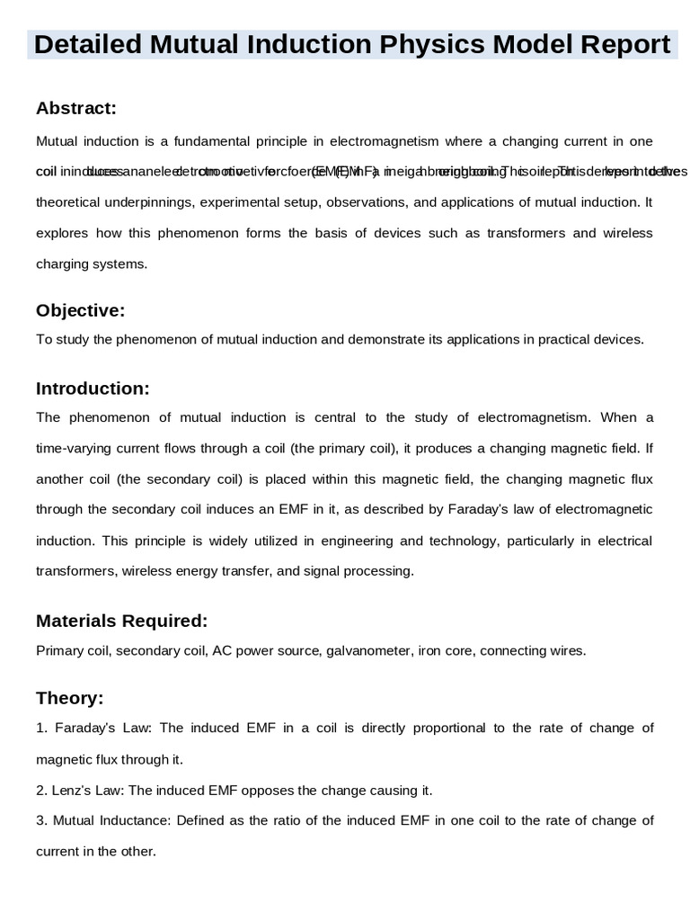 Detailed Mutual Induction Report-1 | PDF | Electromagnetic Induction ...