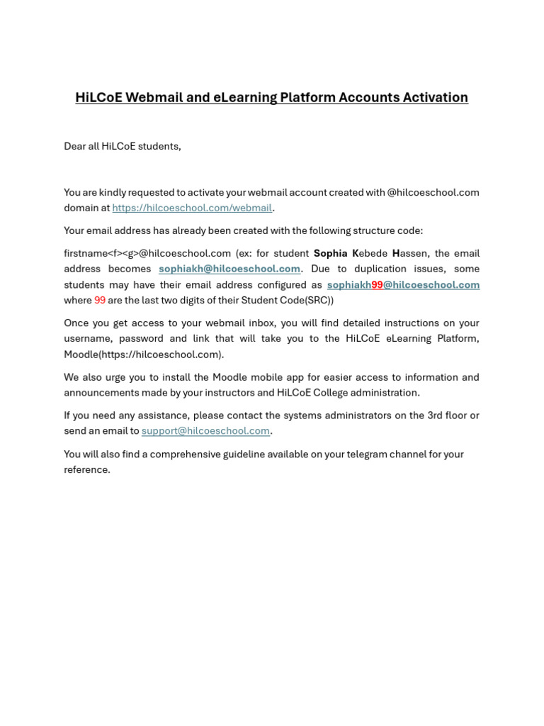 Activate HiLCoE Webmail & Moodle Access | PDF