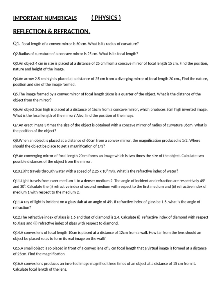 Physics Numericals: Reflection, Refraction, and Electricity | PDF | Series And Parallel Circuits ...