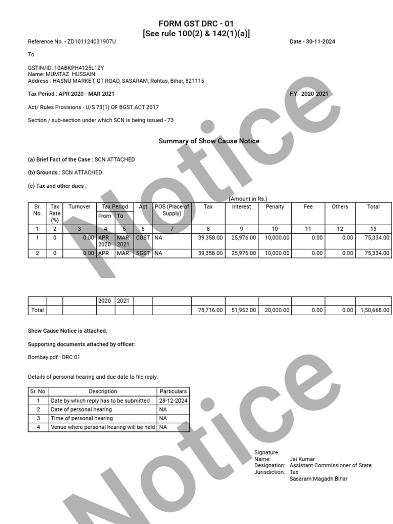 GST Show Cause Notice DRC-01 Summary | PDF | Public Law | Payments