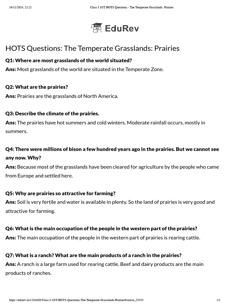 HOTS Questions - The Temperate Grasslands - Prairies | PDF