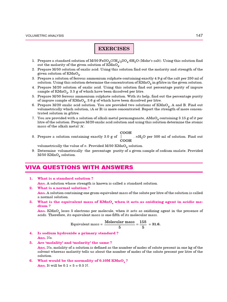 Volumetric Analysis Questions | PDF | Titration | Chemistry
