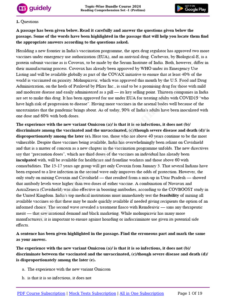 Reading Comprehension Set - 1 (Prelims) - 1734157851907 | PDF ...