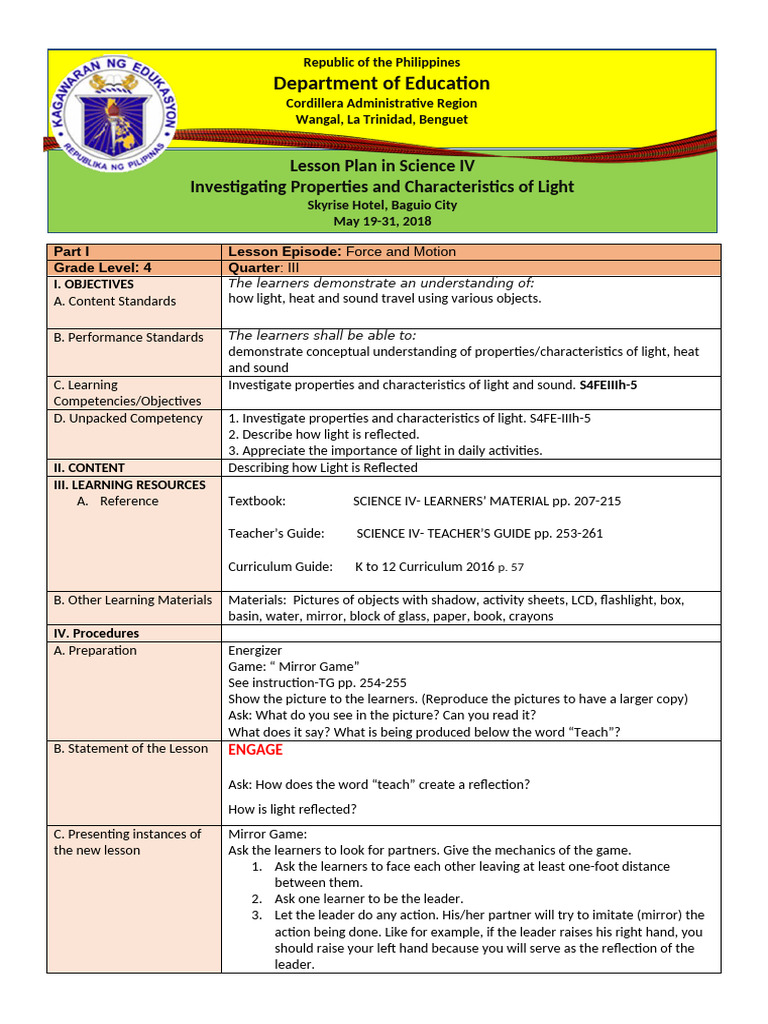 Light Properties Lesson Plan for Grade 4 | PDF | Curriculum | Learning