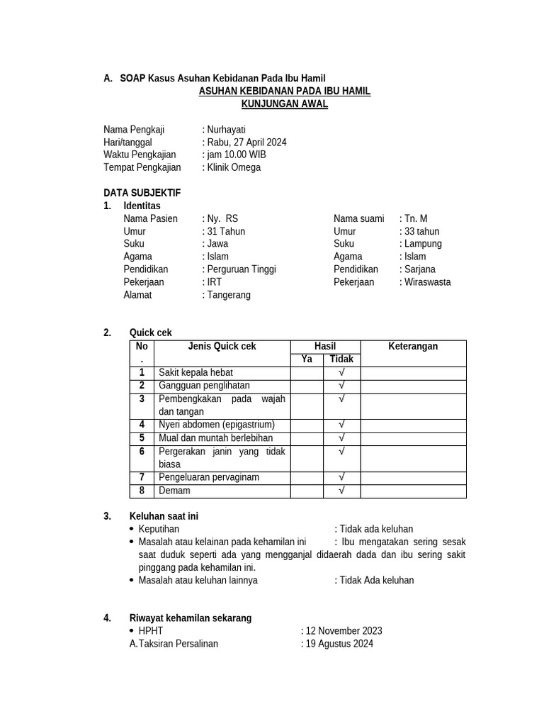 SOAP Kasus Asuhan Kebidanan Pada Ibu Hamil | PDF