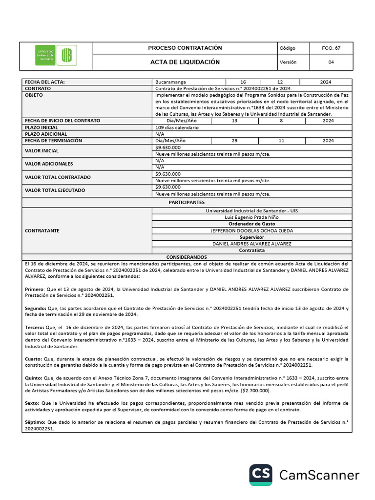 Acta - Liquidacion - DANIEL ANDRES ALVAREZ ALVAREZ | PDF