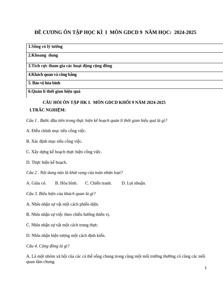 Câu hỏi ôn tập môn GDCD năm 24-25 | PDF
