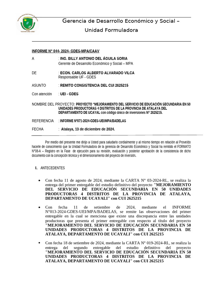 Informe N 044 - Tecnico de Consistencia Secundaria | PDF | Inversiones | Presupuesto