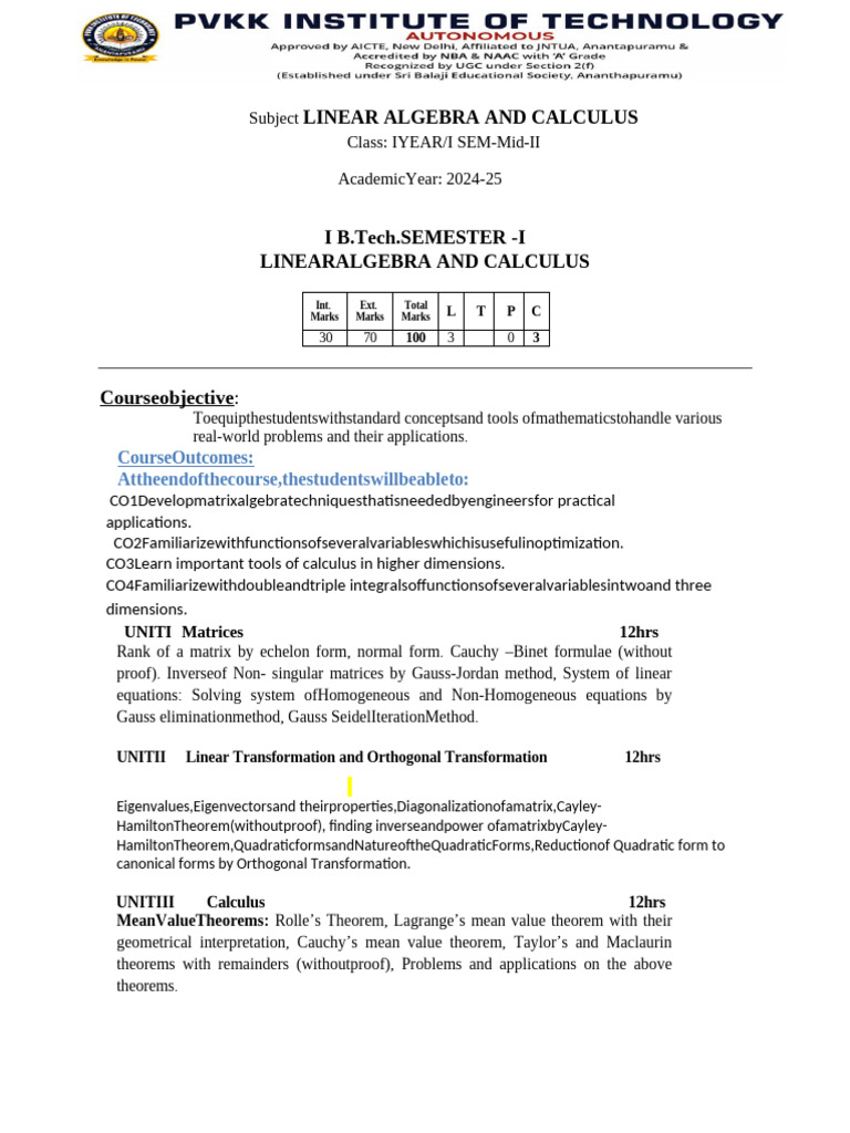 LA&c QUESTION BANK 2024-24 UPDATE-word | PDF | Matrix (Mathematics ...
