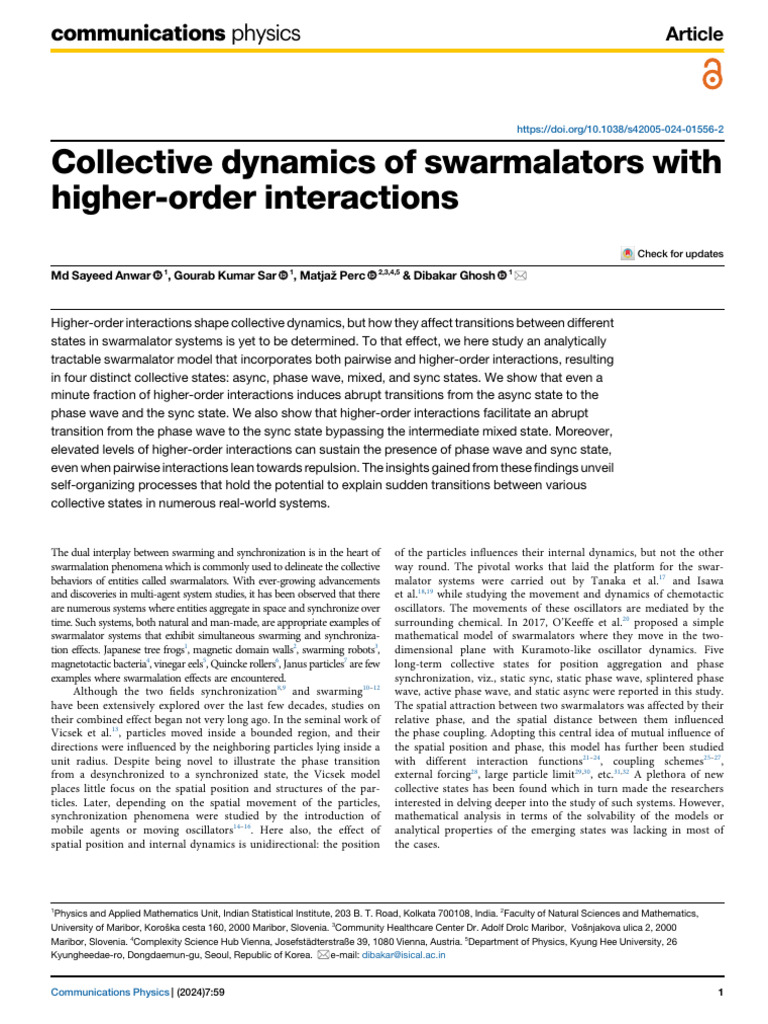 2023 Collective Dynamics of Swarmalators With Higher-Order Interactions | PDF | Applied Mathematics