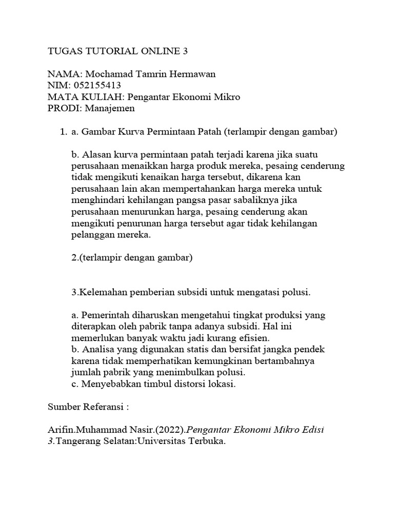 Tugas 3 - Pengantar Ekonomi Mikro - Mochamad Tamrin Hermawan - 052155413 | PDF