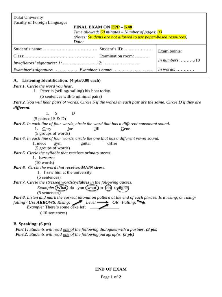 6. Final Exam - mẫu Đề Thi Tự Luận - EPP-2024 | PDF