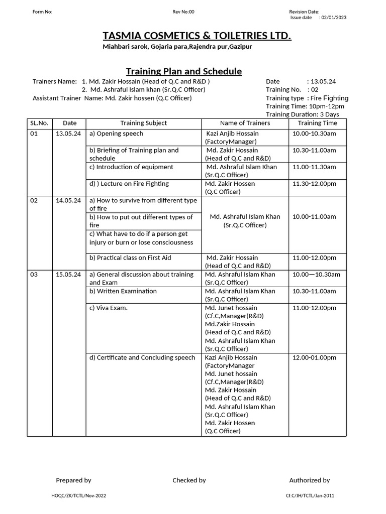Training Plan and Schedule 02 (Fire Fighting) | PDF