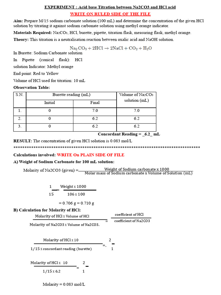 Acid-Base Titration: Na2CO3 vs HCl | PDF | Titration | Chemistry