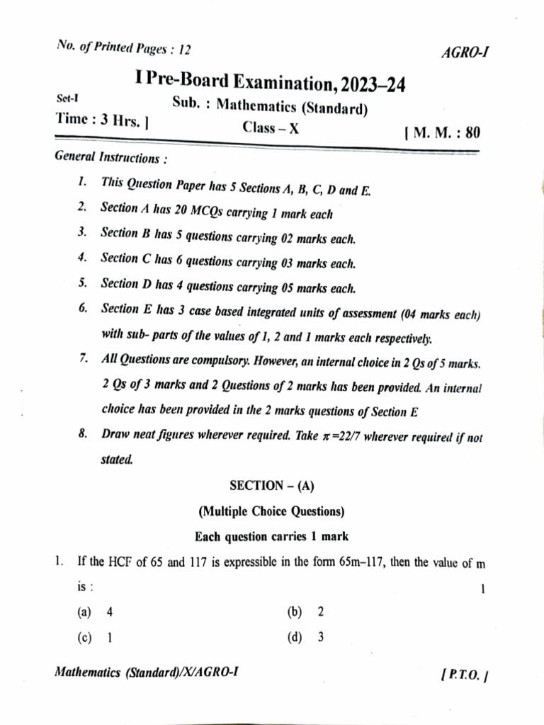Class X Mathematics Pre-Board Exam 2023-24 | PDF | Mathematics | Elementary Mathematics