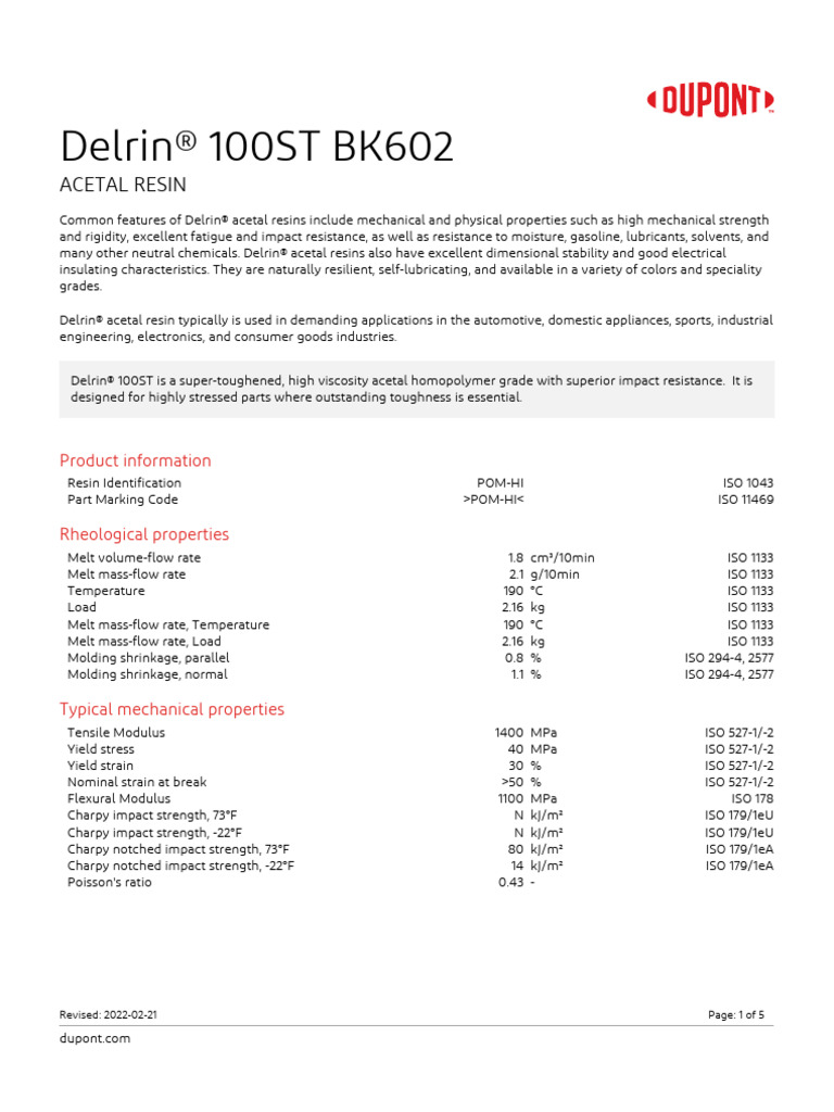 Delrin® 100ST BK602-en | PDF | Strength Of Materials | Materials