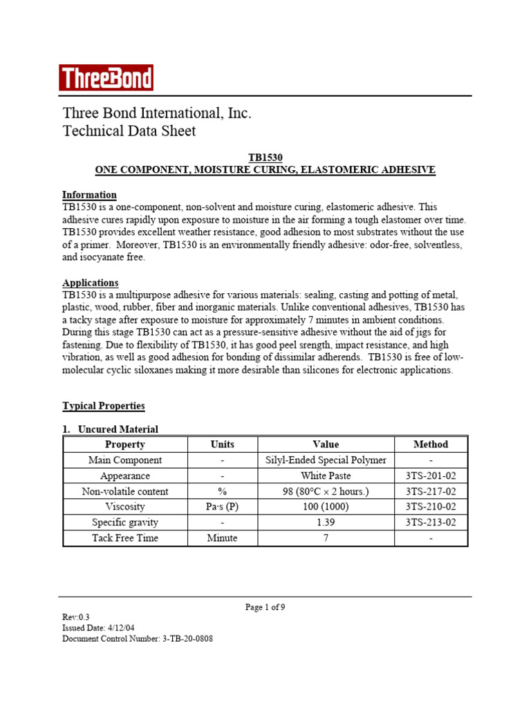 ThreeBond 1530 Moisture Curing Elasomeric Adhesive | PDF | Adhesive | Adhesion