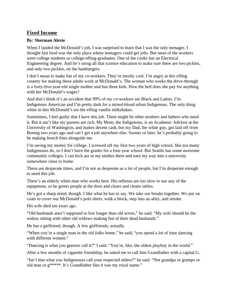 Fixed Income - by Sherman Alexie | PDF | Grandparent