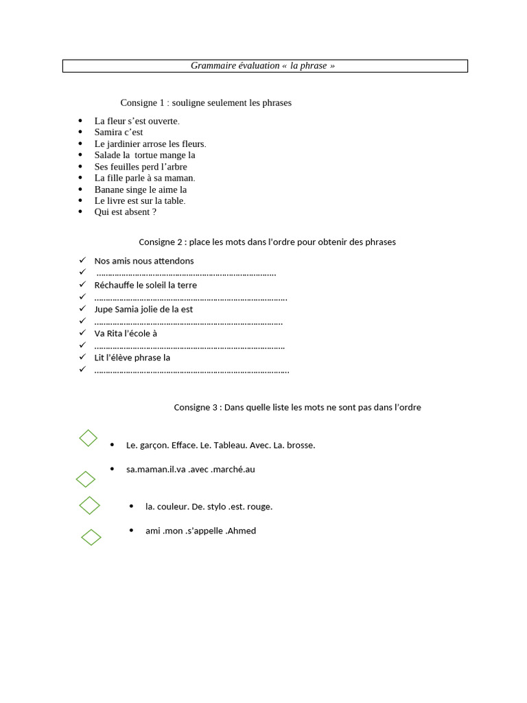 Évaluation de grammaire : La phrase | PDF