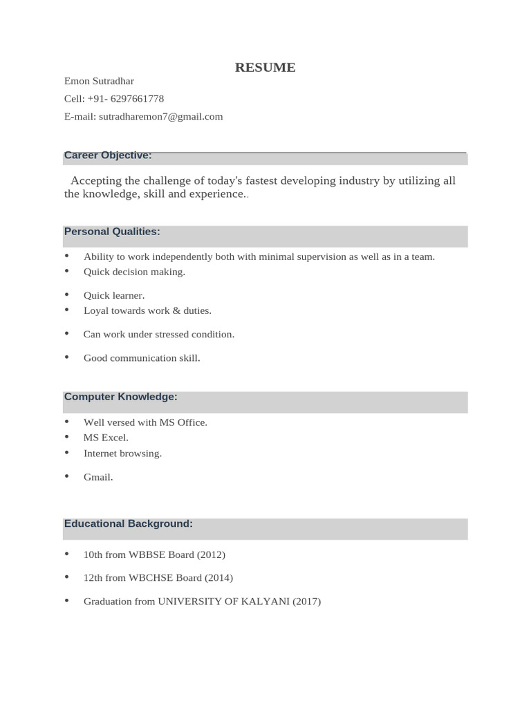 RESUME Emon Sutradhar | PDF