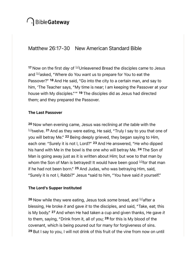 Matthew 26-17-30 NASB - Now On The First Day of Unleavened - Bible ...