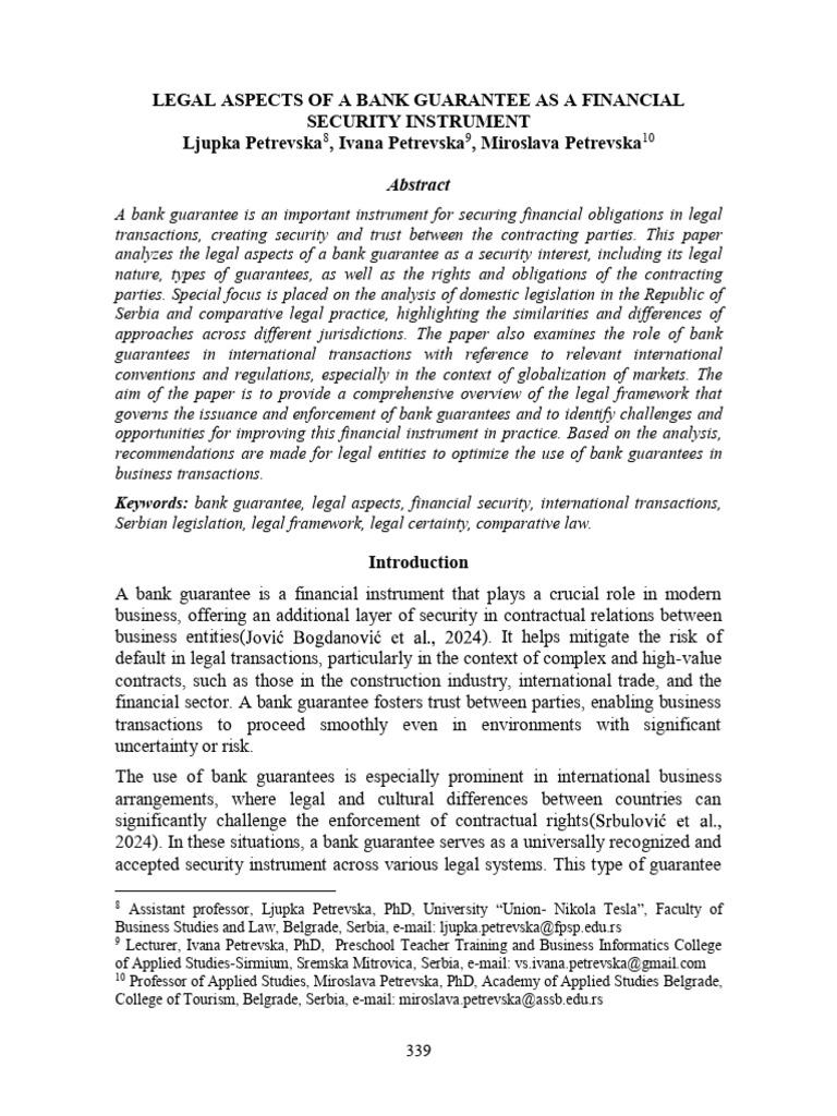 Legal Aspects of A Bank Guarantee As A Financial Security Instrument ...