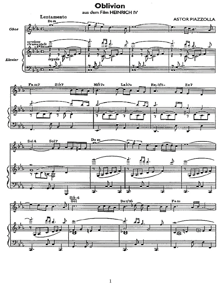 A. Piazzolla - Oblivion (Oboe + Piano) | PDF