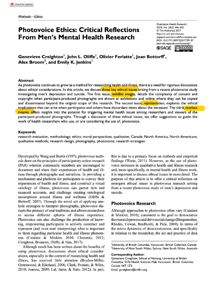 Creighton Et Al 2017 Photovoice Ethics Critical Reflections From Men S ...