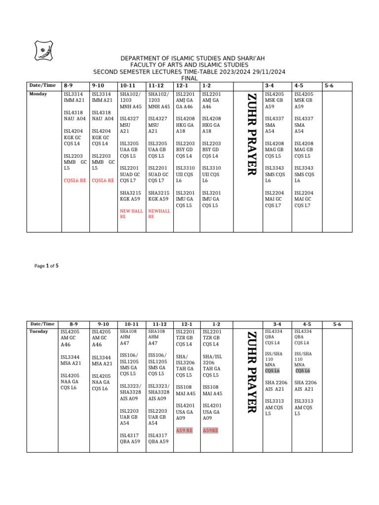 LECTURE TIME TABLE-1 | PDF