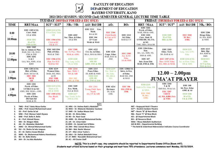 2023 - 2024 Session 2nd Semester General Time Table 2 | PDF