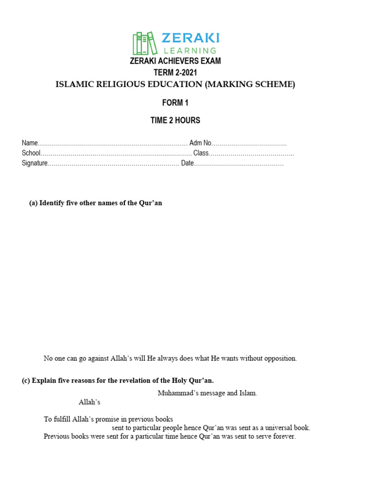 Islamic Education Exam Marking Scheme | PDF | Quran | Islam