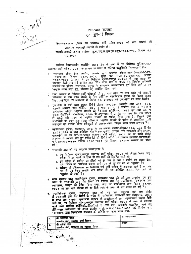 SI भर्ती 2021 रद्द आदेश By GGP | PDF