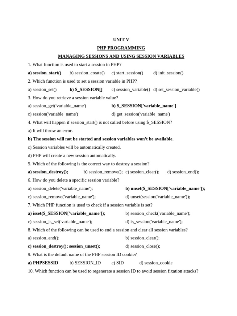 PHP Unit V MCQ Answer With Bold | PDF | Http Cookie | Php