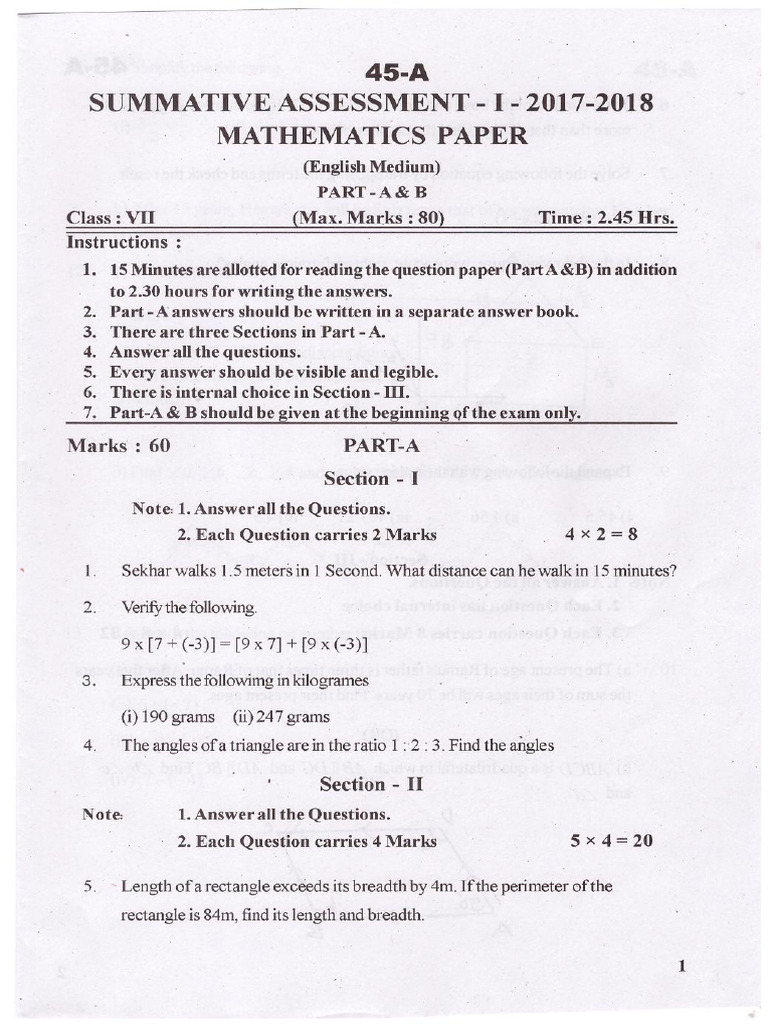 SA 1 Maths 2017 | PDF