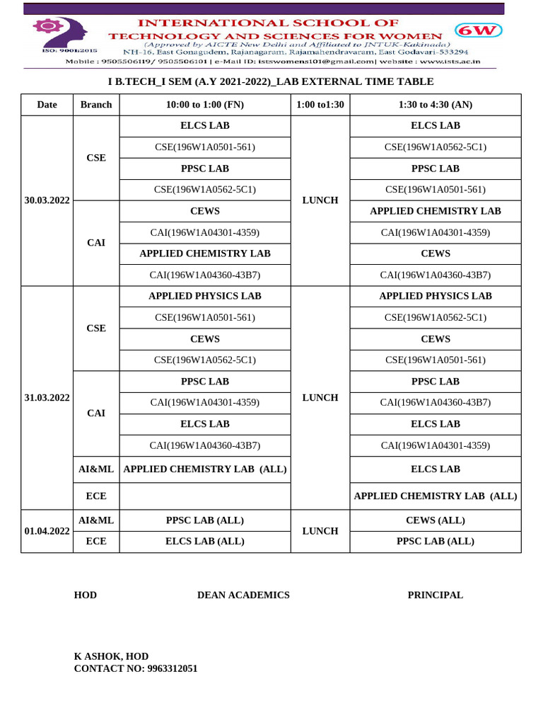 B.Tech I Sem Lab External Timetable | PDF