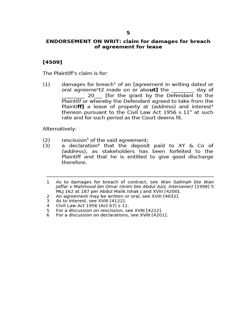 5 INDORSEMENT On WRIT Claim For Declaration, Specific Performance and ...
