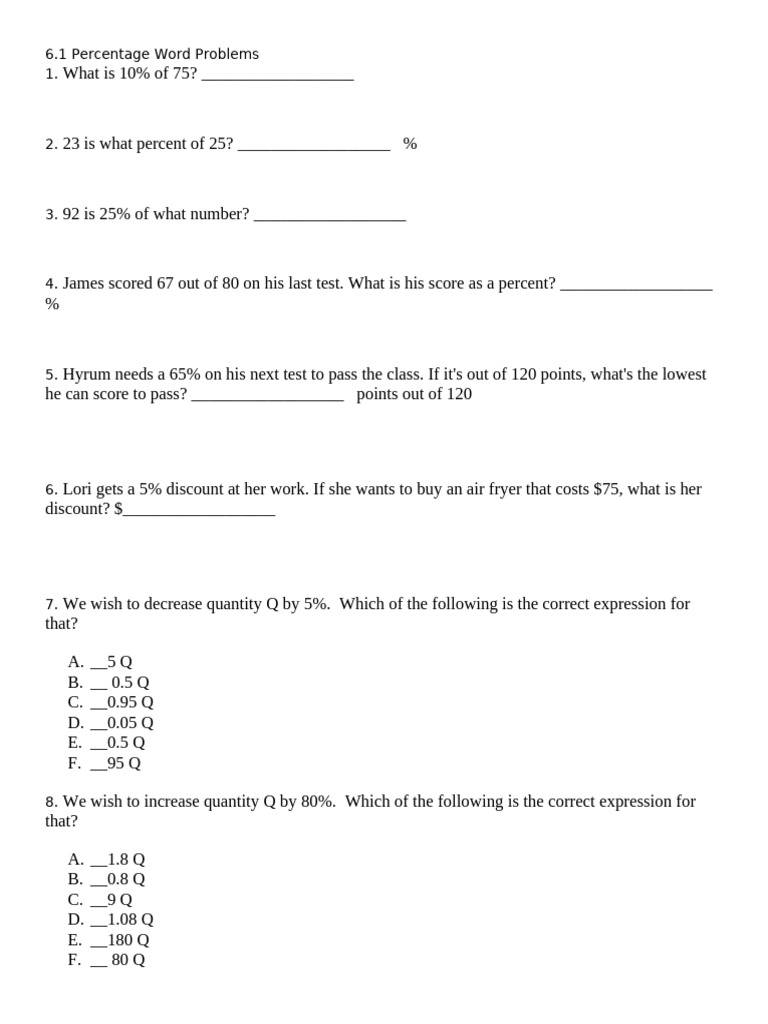 Percentage Word Problems and Solutions | PDF | Equations | Weight