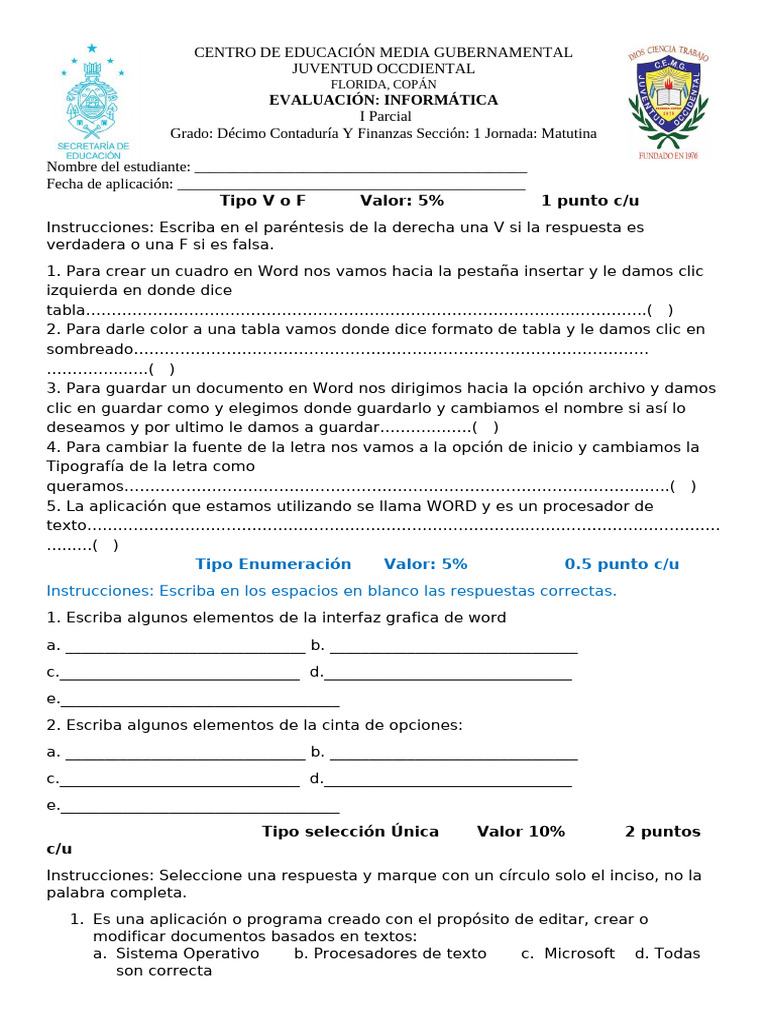 Examen de Informatica Decimo | PDF | Procesador de textos | Microsoft Word