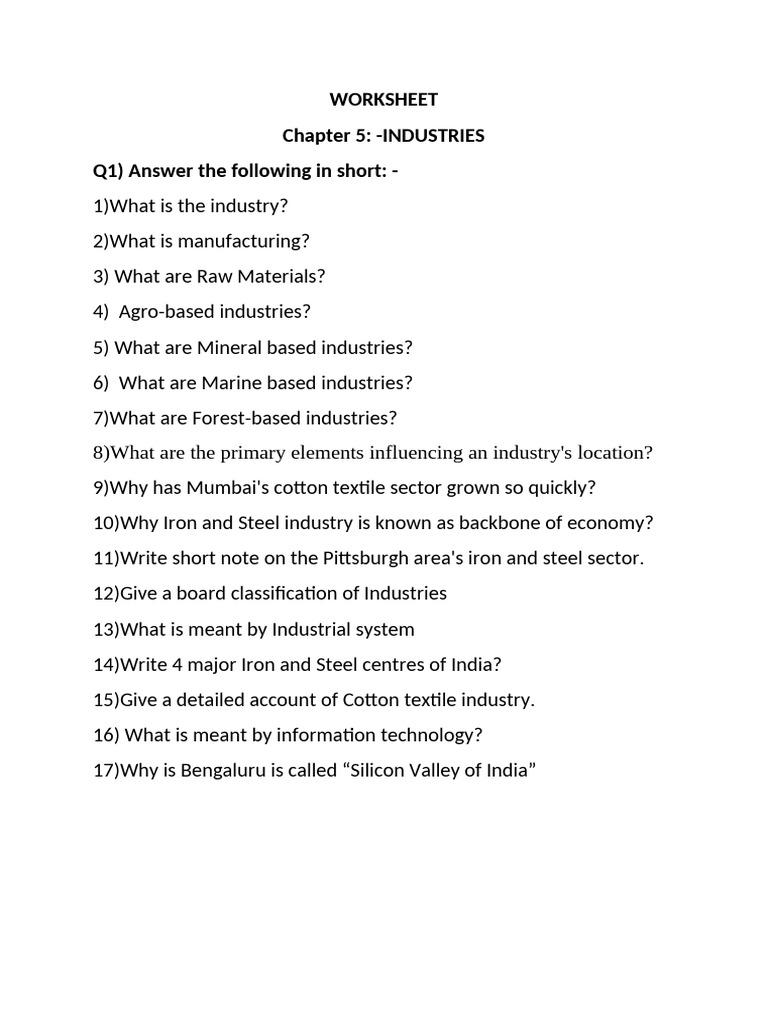 Industries Worksheet for Class 4-8 | PDF