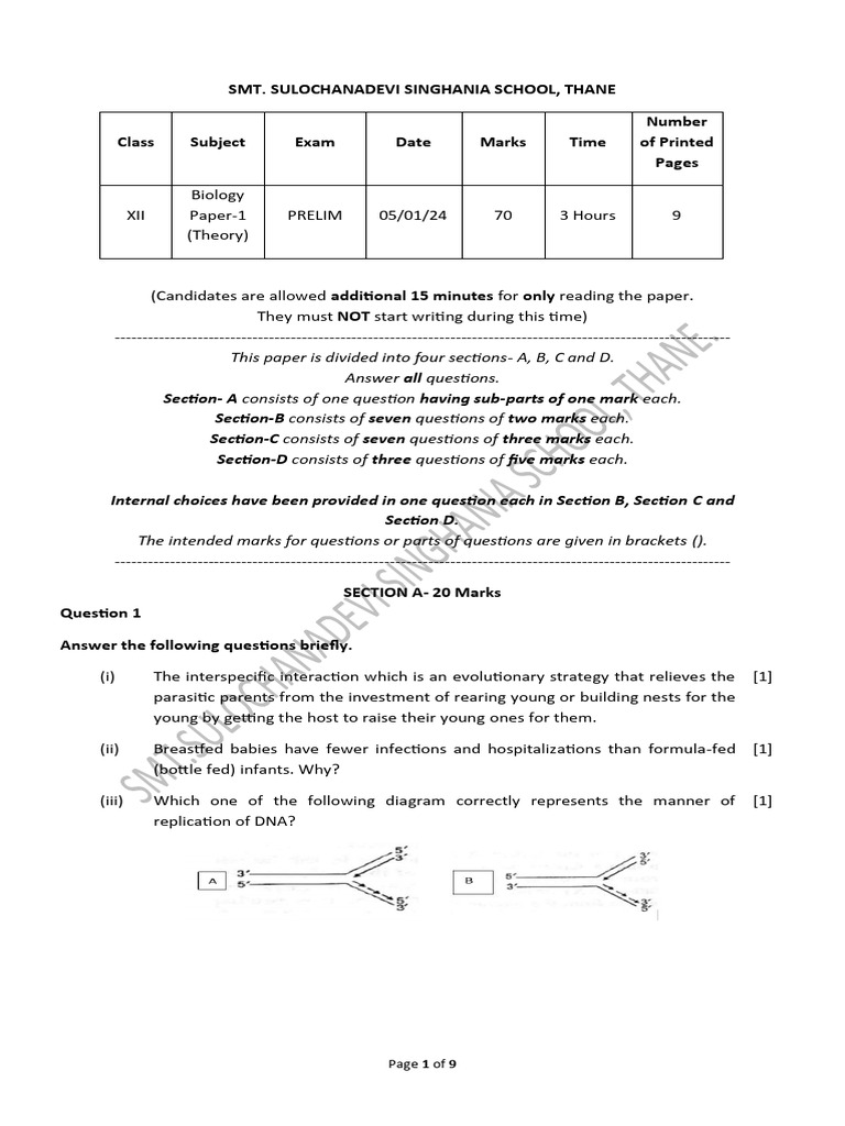 STD 12 Biology Prelim 2023-23pdf | PDF | Biology