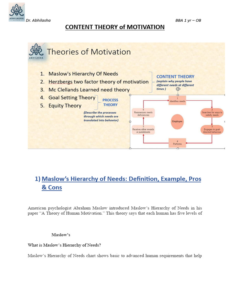 Unit 2 - Hand Out 1 - Content Theory of Motivation - 3 - Maslows, Herzberg & MC Clleland) | PDF ...