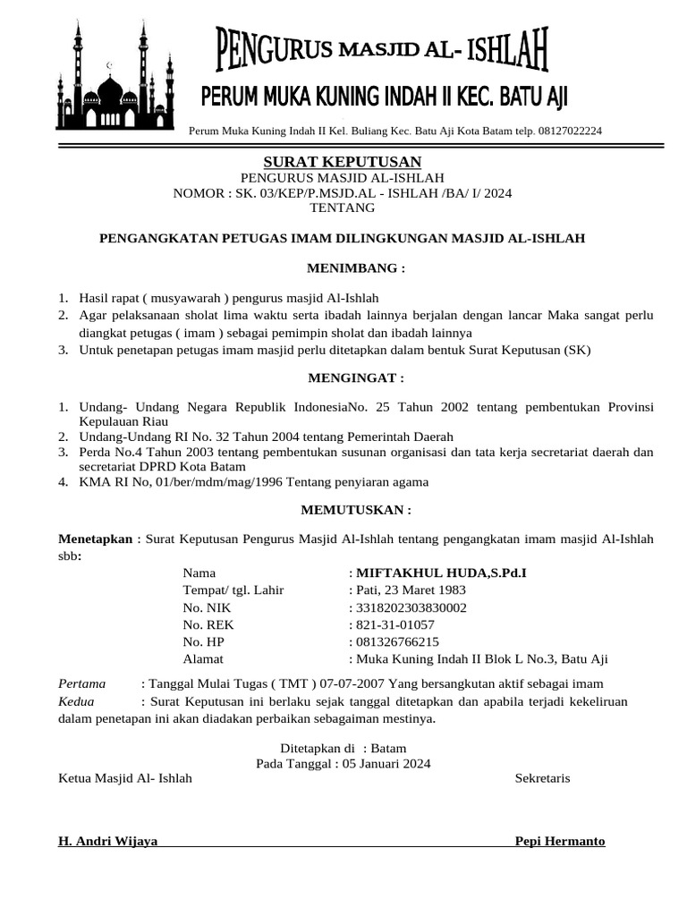 SK Pengangkatan Imam Masjid Al-Ishlah | PDF