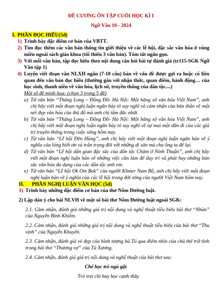 Đề cương văn 10 cuối HK1 | PDF