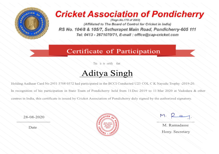 Aditya Participation Certificate - Col CK Nayudu 2019-20 | PDF